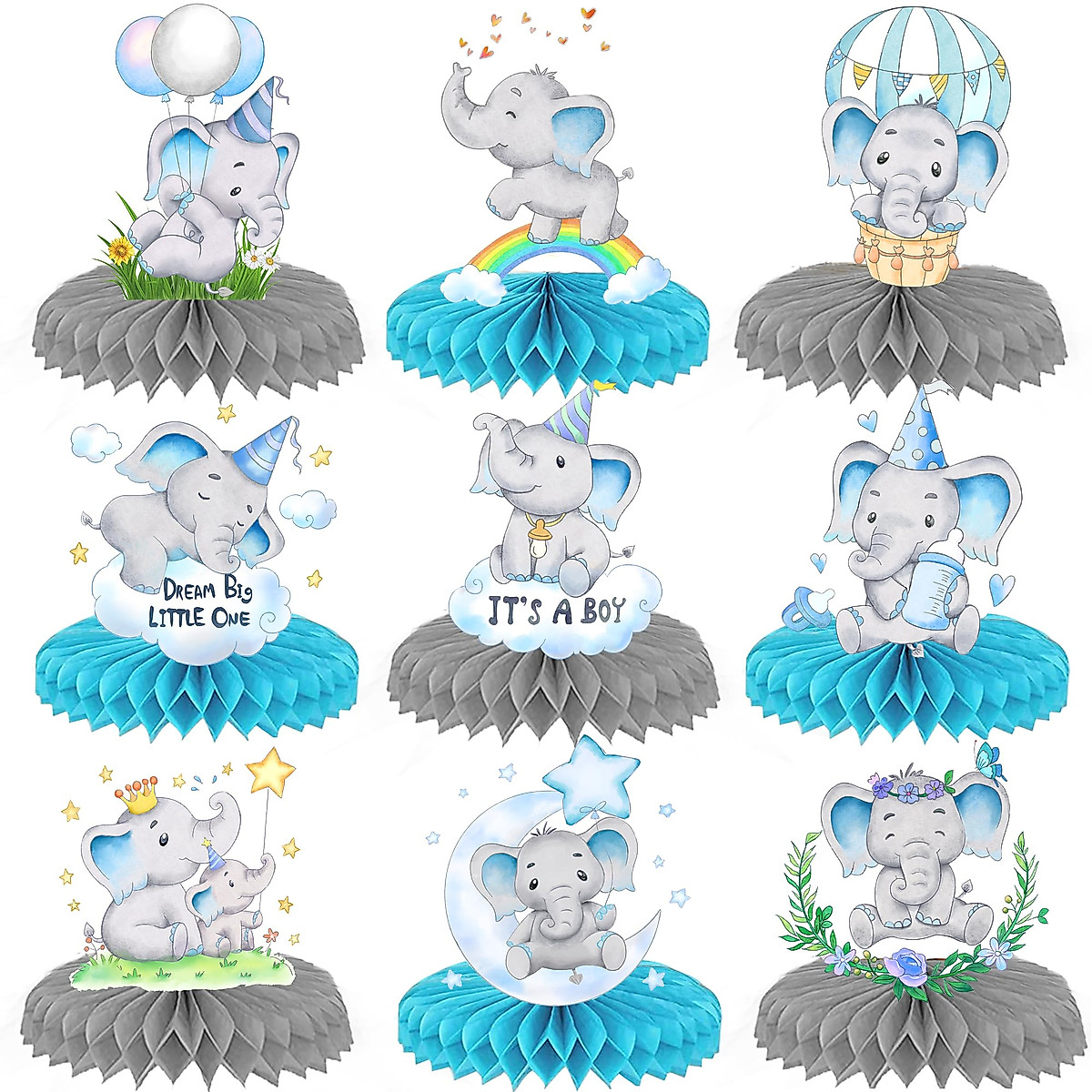 9pcs Blue Elephant Honeycomb Centerpieces Elephant Baby Shower Decorations for Boy Elephant Baby Shower Centerpieces Birthday Party Supplies Table Toppers for Elephant It's A Boy Party Favors for Kids