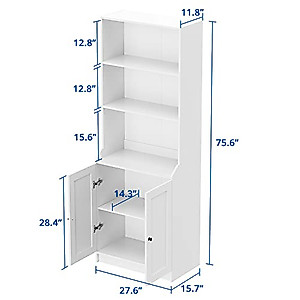 Cozy Castle White Bookshelf with Doors, Tall Bookcase with 3-Tier Open Shelves for Bedroom, Living Room, 27.6" W x 15.7" D x 75.6" H