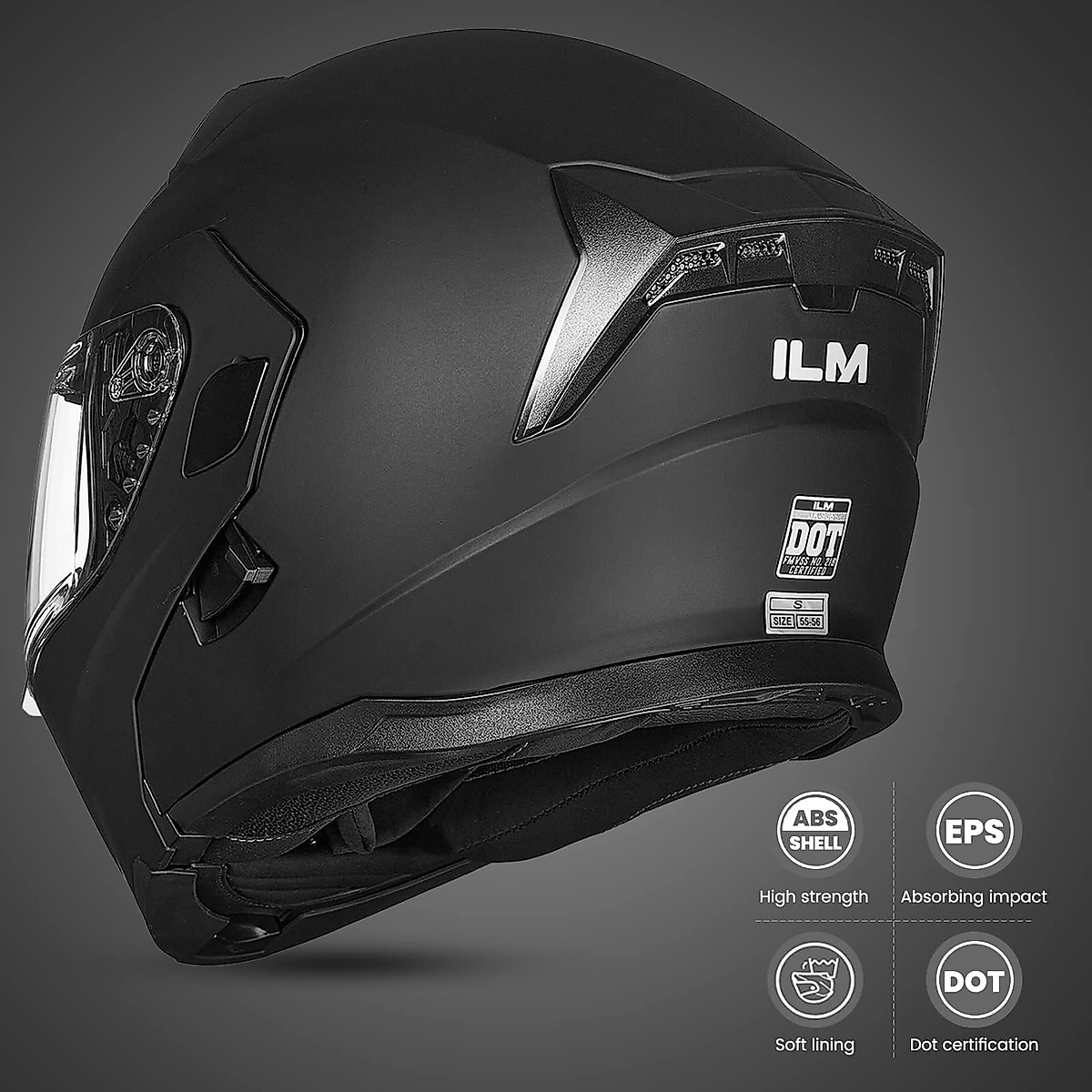 ILM Motorcycle Modular Full Face Helmet Flip up Dual Visor Motorbike Moped Street Bike Racing for Adult,Men and Women DOT Model 906(Matte Black,Large)