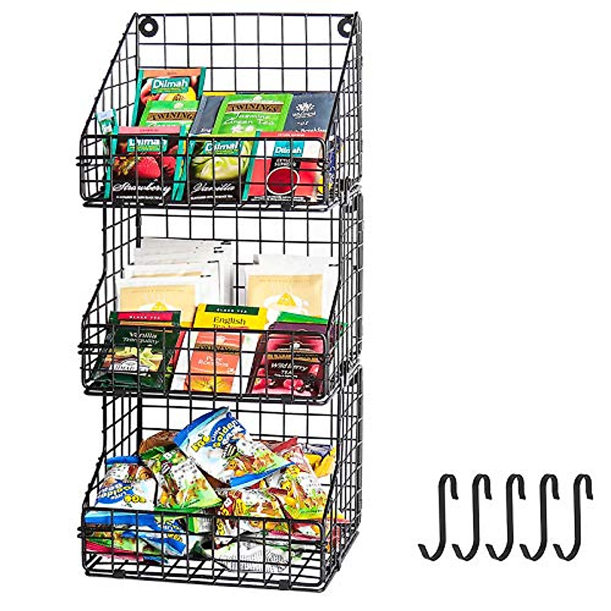 3 Tier Stackable Tea Bag Organizer with 5 Hooks Metal Wire Basket Coffee Condiment Snack Rack Holder Countertop Caddy Bin Wall Mount Shelf for Office Kitchen Cabinet Pantry Patent Desgin