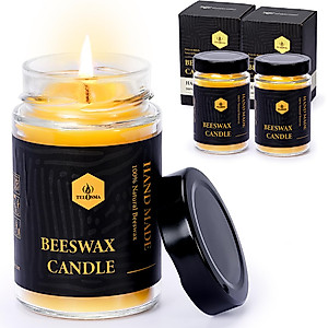 Set of 2 Beeswax Natural Scent Jar Candle in Glass Container, Natural Organic Candle Smokeless Clean Burn | 36 * 2 Hours Burning Time Emergency Candle, Yellow