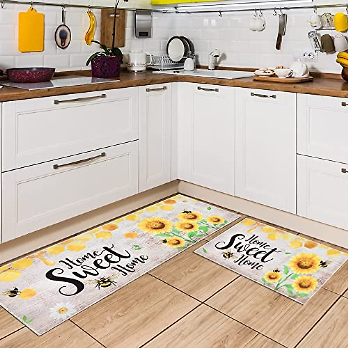 Sunflower Kitchen Rugs - 2 Piece Kitchen Mats Set Non-Slip Kitchen Backing Area Rugs Home Sweet Home Doormat Indoor Outdoor Entry Floor Washable Waterproof Standing Mat(17" x 30" + 17" x 47")