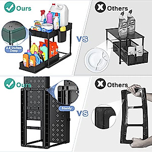 Under Sink Organizers and Storage, 2 Tier Black Bathroom Cabinet Organizer with 4-Height Adjustable Telescopic Tube,4 Removable Dividers,4 Hooks,1 Cup, Kitchen Under Sink Organizer,1 Pack