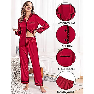 SWOMOG Womens Silk Satin Pajamas Silk Lounge Sets Two Piece Long Sleeve Button Up Shirts and Lounge Pants Set Comfy Soft Red
