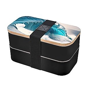 Cartoon Blue Sea Wave Adult Lunch Box, Bento Box, With Cutlery Set Of 3, 2 Compartments, Rectangular, Lunch Box For Adults