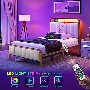 Rolanstar Bed Frame Twin Size with Charging Station and LED Lights, Upholstered Velvet Bed with Headboard Footboard, Heavy Duty Metal Slat, No Box Spring Need, Noise Free, Easy Assembly, Golden Color