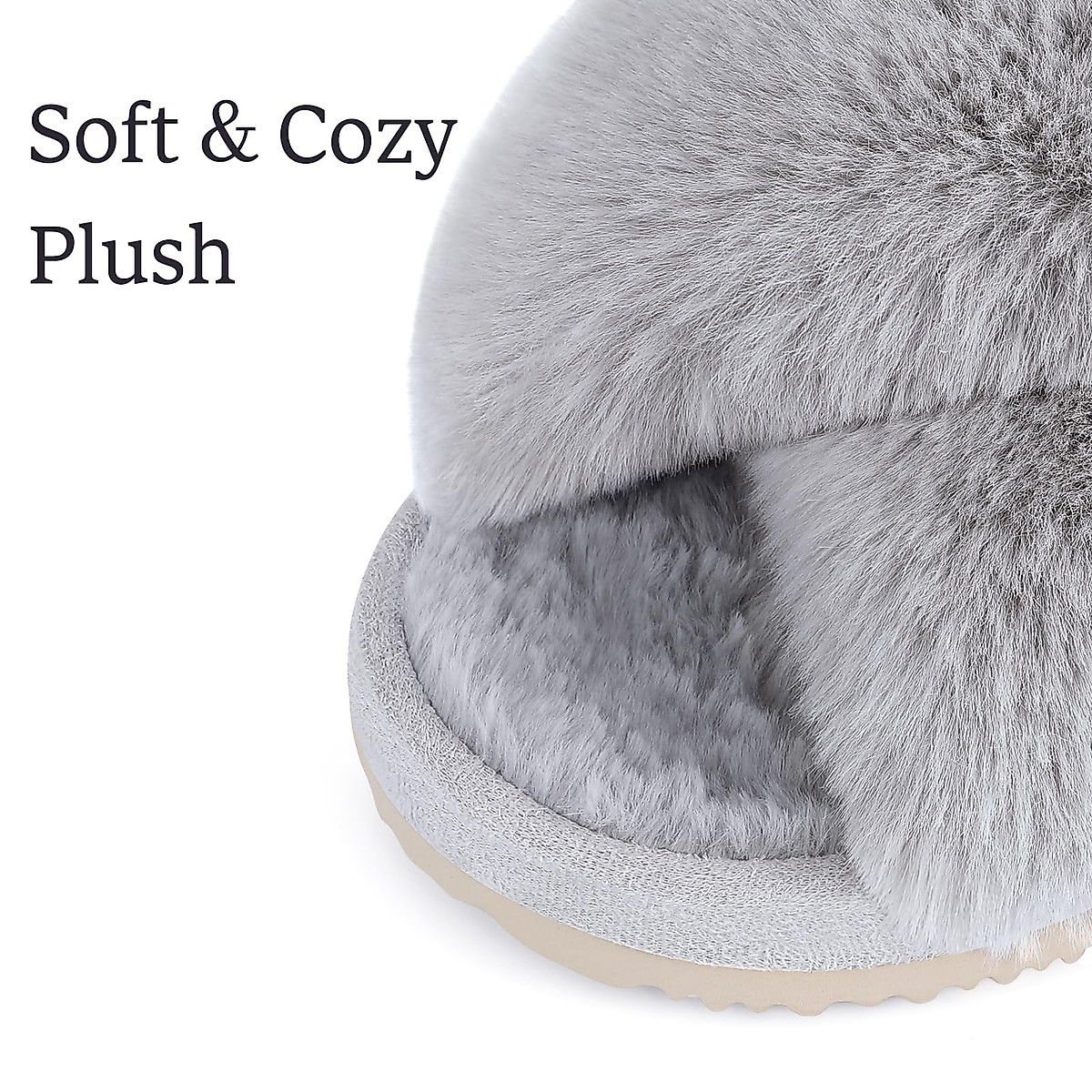 Comwarm Women's Cross Band Fuzzy Slippers Fluffy Open Toe House Slippers Cozy Plush Bedroom Shoes Indoor Outdoor, Grey Size 7-8