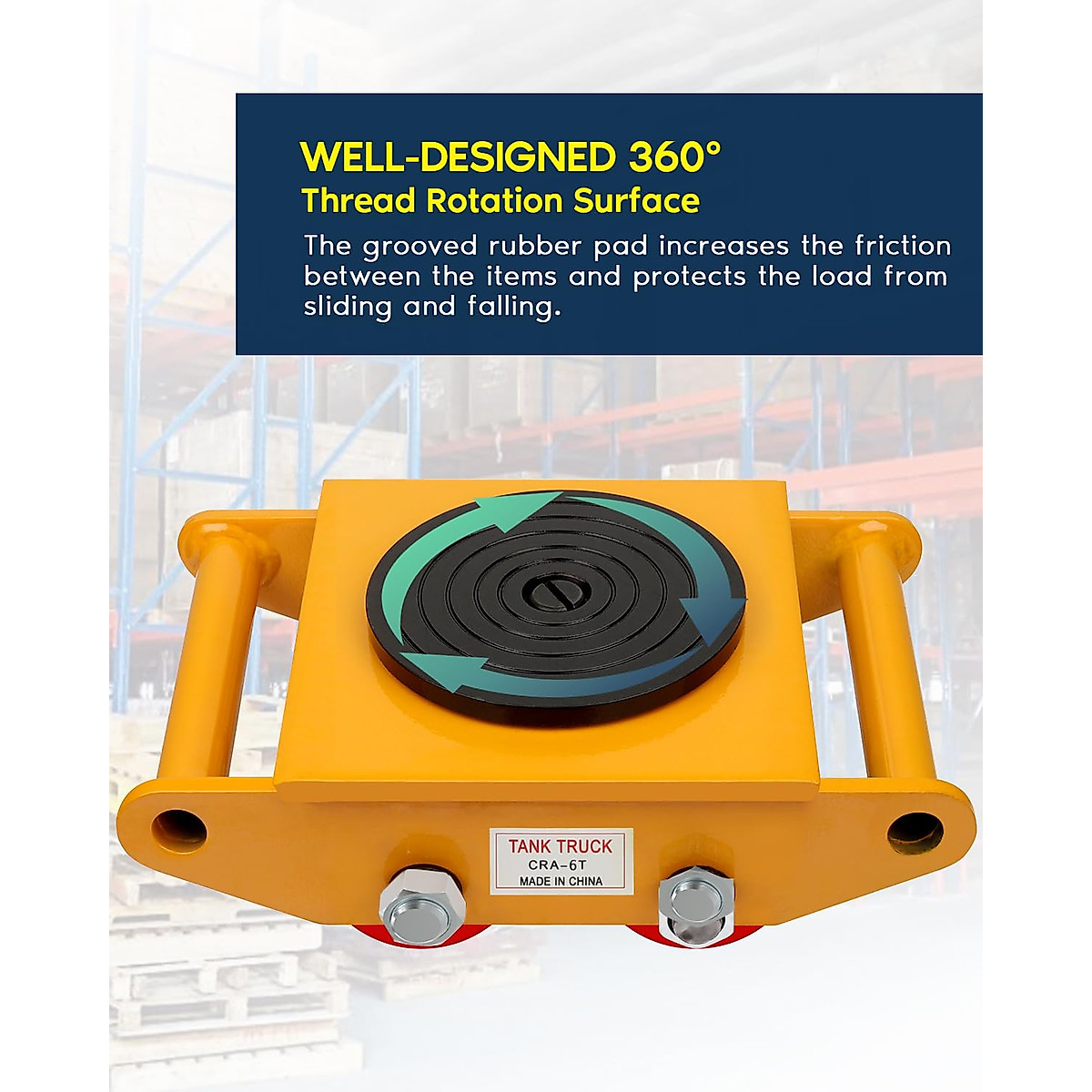 FAHKNS Machinery Moving Skate Heavy Duty Machinery Skates Cargo Mover 6T Machine Skates with 360° Rotation Cap 4 PU Rollers for Heavy Duty Industrial Moving Equipment(Yellow)