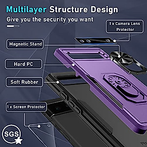 Google Pixel 6a 5G Case with Screen Protector + Camera Lens Protector,Heavy Duty Shockproof Full Body Protective Phone Cover,Built in Rotatable Magnetic Ring Holder Kickstand,2022 Lavender