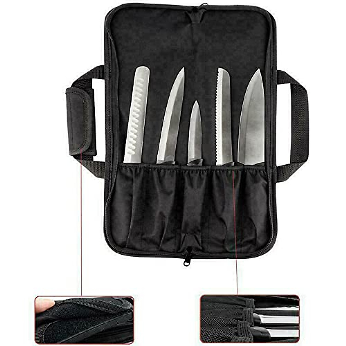 HUHAOLIANHE Professional Nylon Kitchen knife Bag (5 Pockets) Storage Carrying Pouch Red Portable Chef Knife Roll Case