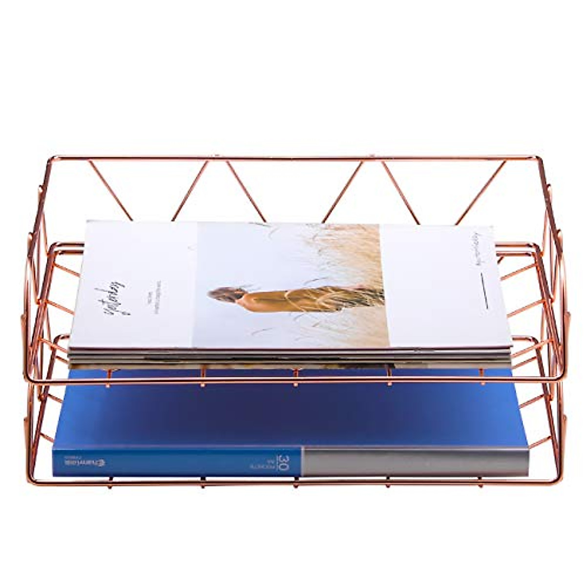 PAG 2 Packs Desktop File Organizer Metal Stackable Horizontal Letter Tray Paper Holder Rack, Rose Gold