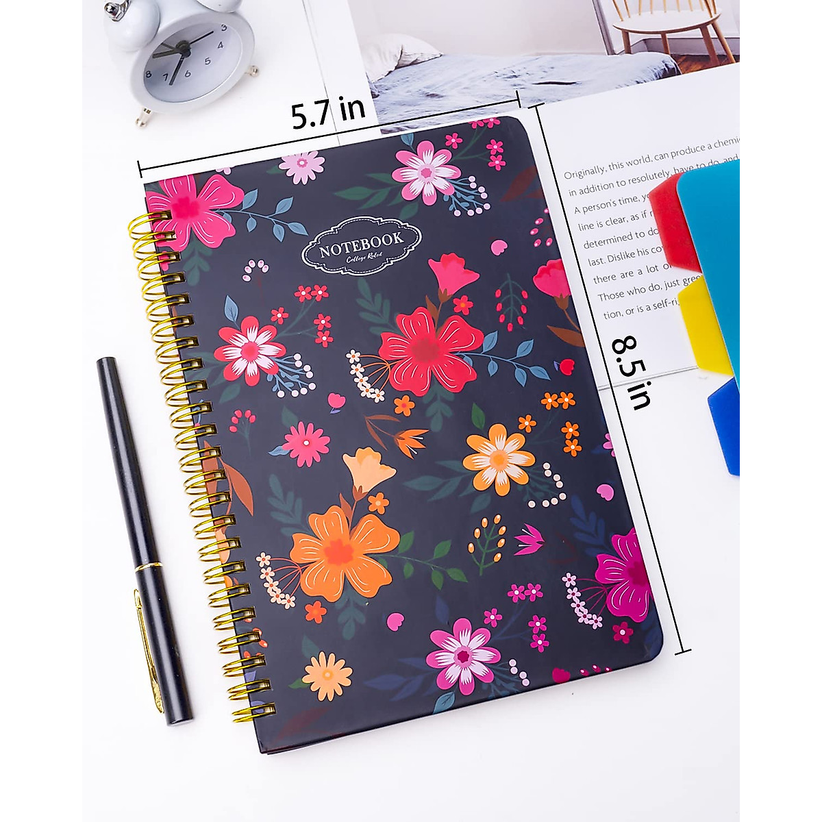 Spiral Notebooks 5 Subject 5-Pack College Ruled Hardcover with Removable Dividers 160 Pages/80 Sheets Each, A5(8.5 "x 5.7") Cute Blooming Floral, for Students Office Business Diary Book