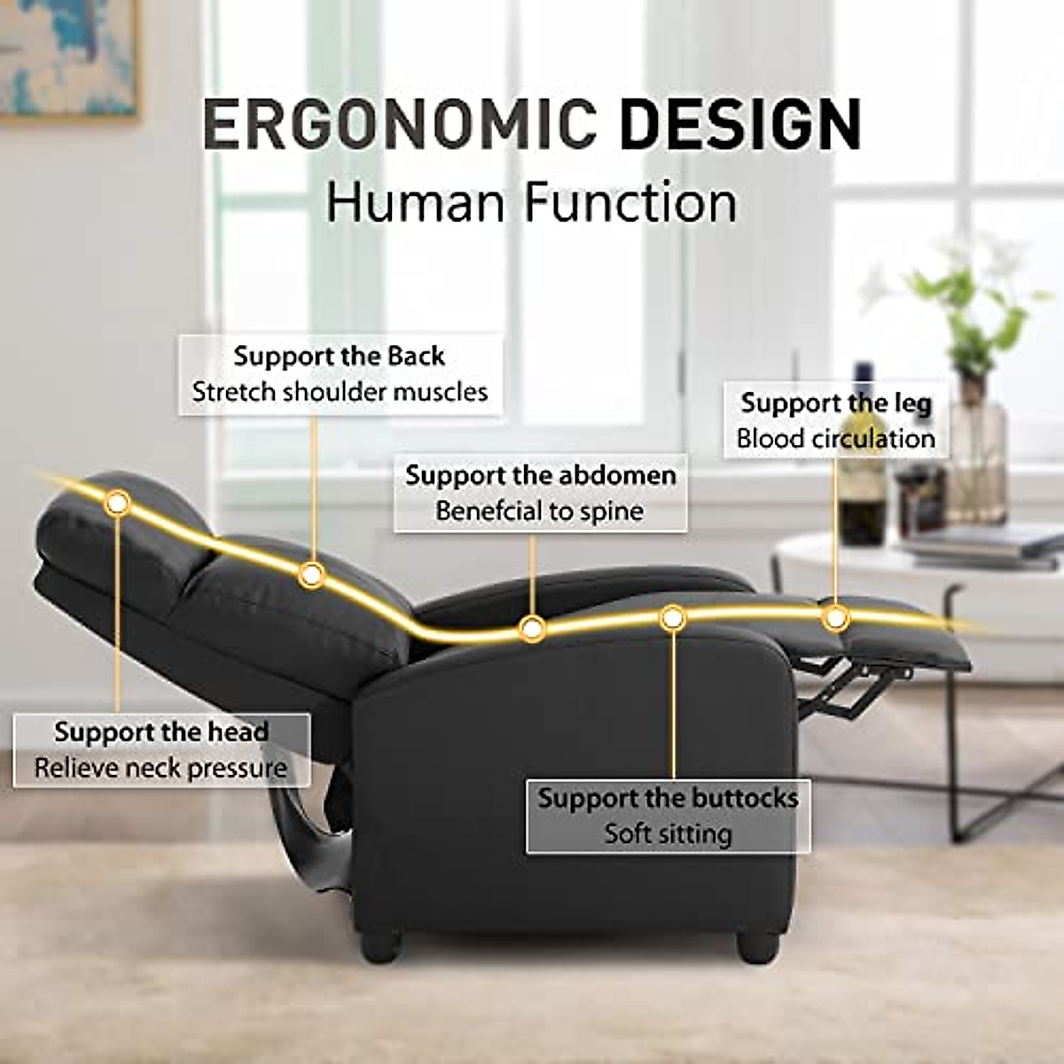 Vnewone Recliner Chair for Living Room Lounge Chaise Wingback Single Sofa Modern Home Theater Seating, Adjustable Height, Faux Leather, Black