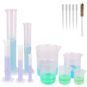 Belinlen 10 Pack Plastic Cylinders and Beakers Set, Including 5 Pack Clear Plastic Graduated Cylinders (10, 25, 50, 100, 250ml) and 5 Pack Plastic Beakers Set (50, 100, 250, 500, 1000ml)