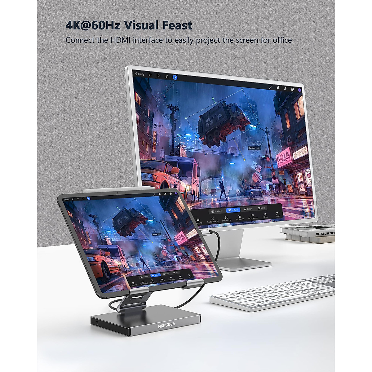 iPad Pro USB C Hub Stand, Adapter for iPad Pro M4 M2 M1 13 12.9 11 Inch iPad Air Docking Station Foldable 4K 60Hz HDMI, PD Charging, SD/TF Card Reader, 3 USB 3.0, 3.5mm Audio, iPad Dock Accessories