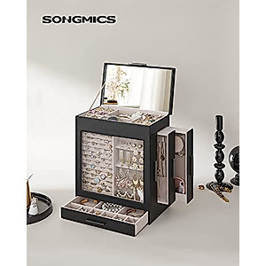 SONGMICS Jewelry Box with Glass Window, 5-Layer Jewelry Organizer with 3 Side Drawers, Jewelry Storage, with Vertical Storage Space, Big Mirror, Modern Style, Graphite Black and Silver UJBC162B01