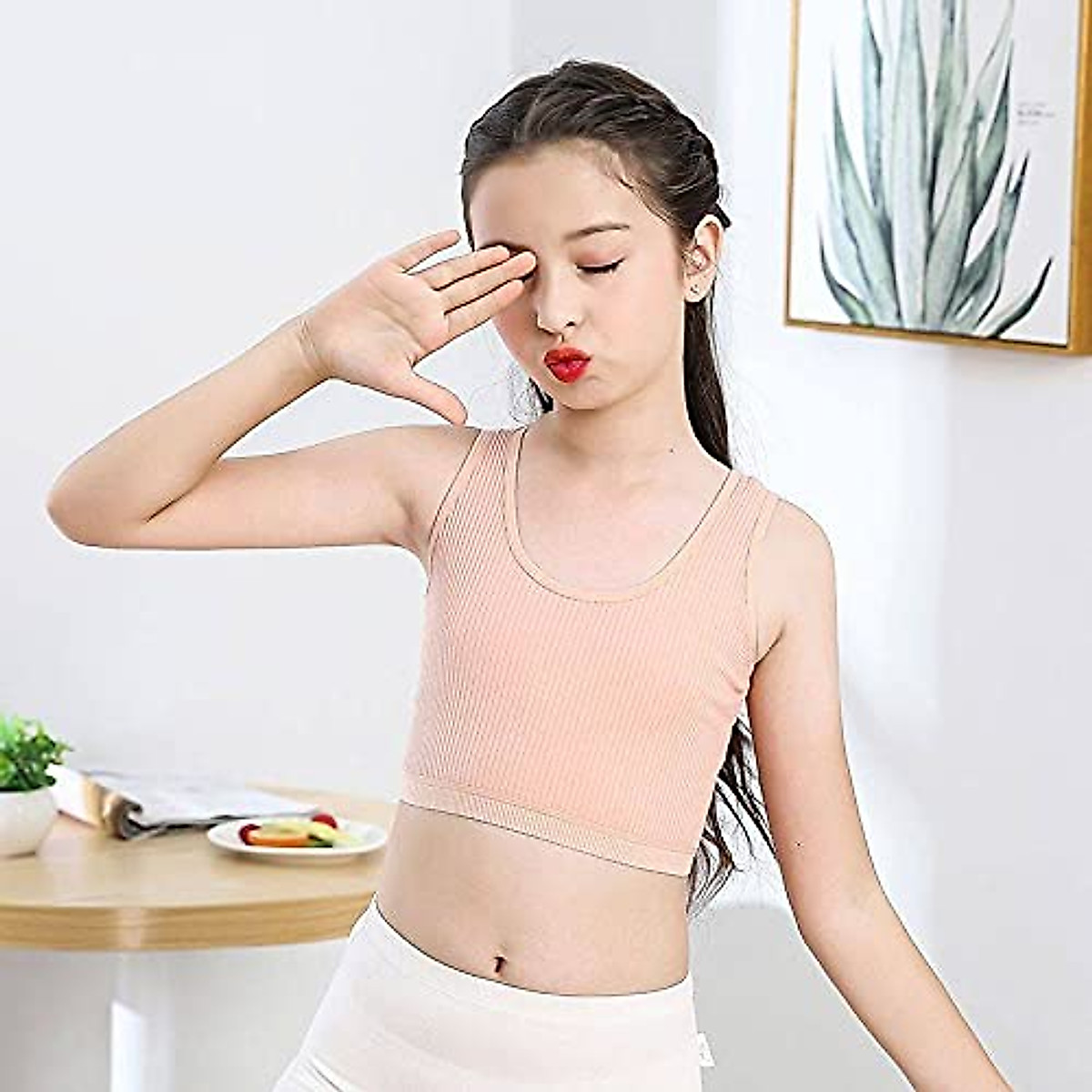 Herepai Training Bras for Girls Seamless Cami Bralettes Sports Striped Vest (7-9 Years, Colors of 6)