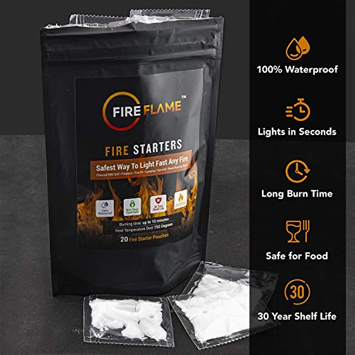 FireFlame Quick Instant Fire Starter - 100% Waterproof All-Purpose Indoor & Outdoor FireStarter, for Charcoal Starter, Campfire, Fireplace, Firepit, Smoker - Odorless and Non-Toxic - 20 Pouches in Bag