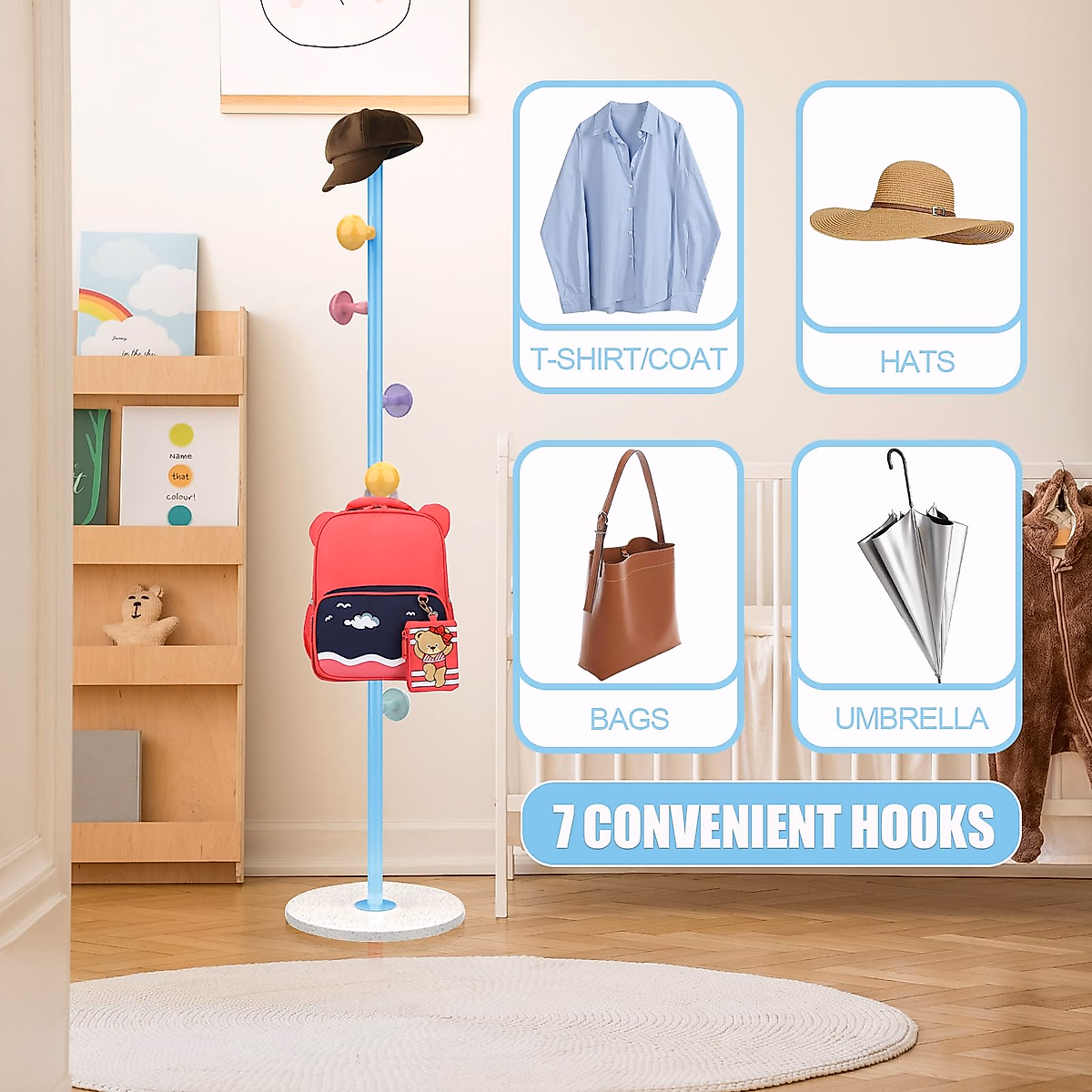 YarkeeSky Mushroom Coat Rack, Free Standing Hall Coat Tree with 7 Mushroom Hooks, 2 Adjustable Height Metal Coat Tree Clothes Hanger for Entryway, Hallway, Bedroom, Blue