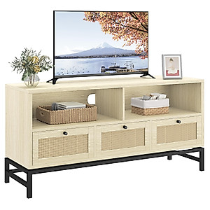 Lamerge 47.2" Rattan TV Cabinet/TV Stand/TV Table with 3 Drawers,Media Console,Boho Farmhouse Entertainment Center,Storage Cabinet for Living Room or Media Room,Natural Oak