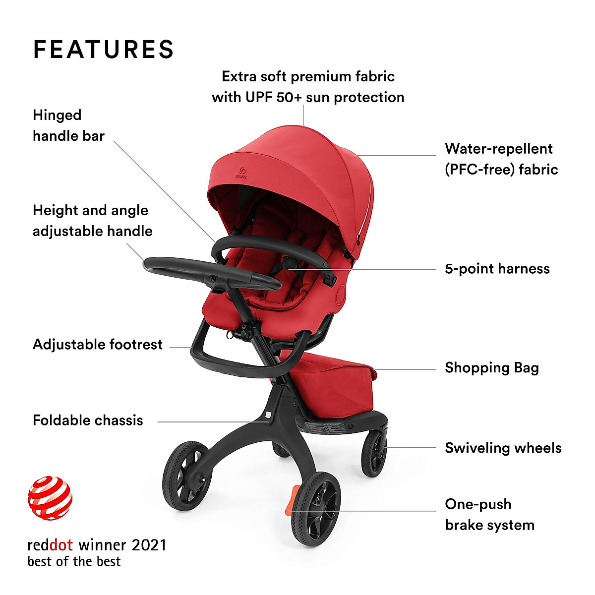 Stokke Xplory X, Ruby Red - Luxury Stroller - Adjustable for Both Baby & Parents’ Comfort - Padding, Harness & Reflective Zipper for Added Safety - Folds in One Step