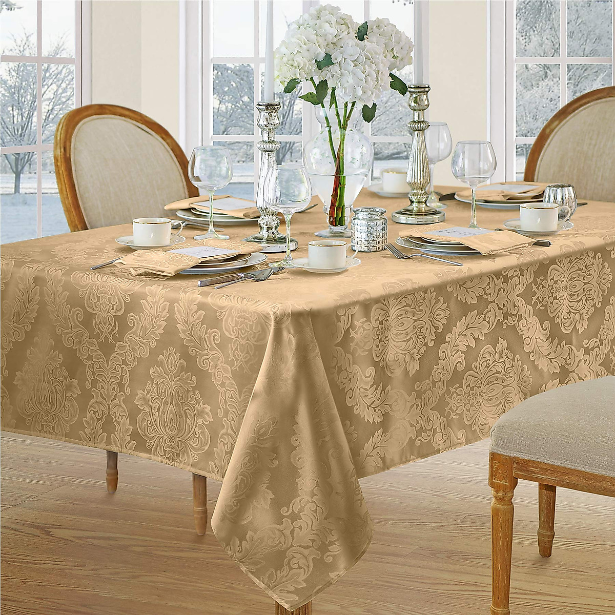 Newbridge Barcelona Luxury Damask Fabric Tablecloth, 100% Polyester, No Iron, Soil Resistant Dining Room, Party Banquet and Holiday Tablecloth, 60 Inch x 84 Inch Oval, Gold