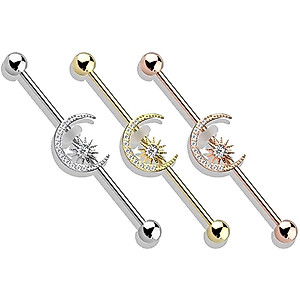 CZ Paved Moon with CZ Center Star 316L Surgical Steel Industrial Barbell (Clear)