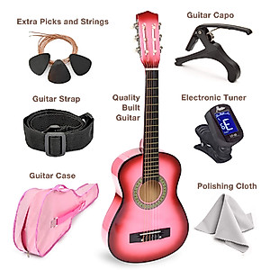 30" Left Handed Wood Guitar with Case and Accessories for Kids/Girls/Boys/Teens/Beginners (Pink Gradient)