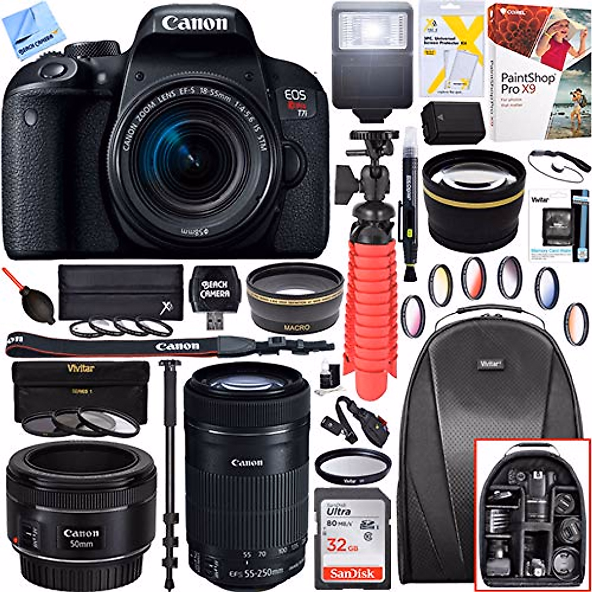 Canon EOS Rebel T7i Digital SLR Camera 1894C002 with EF-S 18-55mm IS STM + 64GB (EF-S 55-250mm Telephoto + EF 50mm STM) Triple Lens Exclusive Bundle