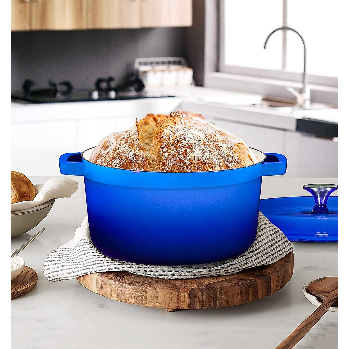 Bruntmor Pre-Seasoned 6.5 qt Enameled Cast Iron Round Dutch oven, 6.5 Quart Dutch Ovens Pot with Lid and Handle, Cast Iron Skillet, Heavy Duty Casserole Dish, Hand wash only, Duke Blue