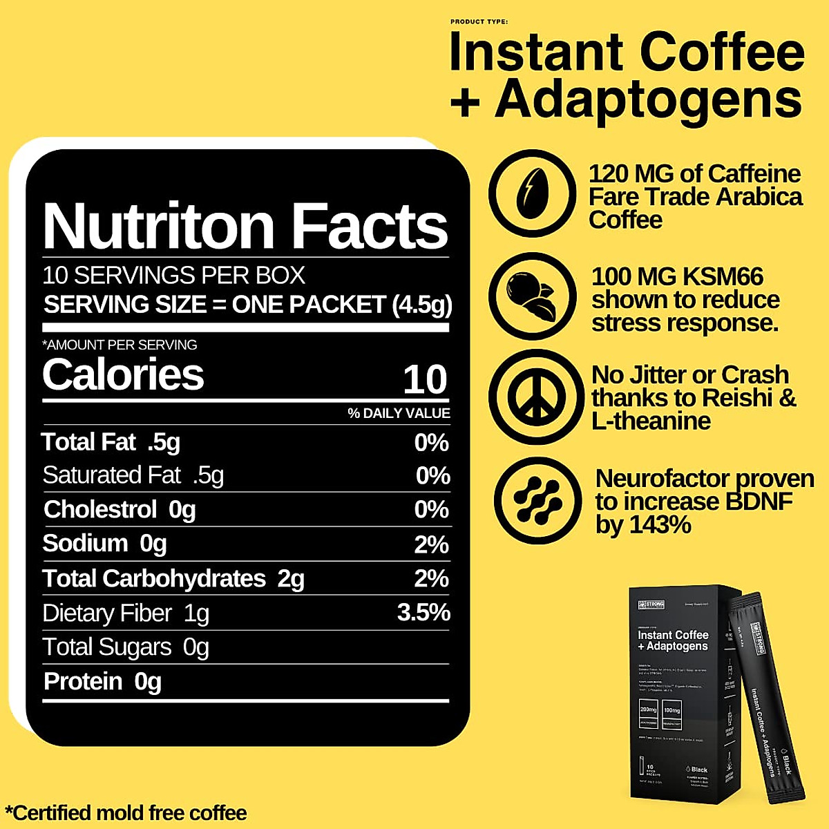 STRONG COFFEE COMPANY | BLACK | PREMIUM ORGANIC INSTANT BLACK COFFEE | 10 SINGLE SERVINGS PER PACK - Smooth Taste, Dairy Free, Keto Friendly, Gluten Free, Enjoy Hot or Cold, Just Add Water