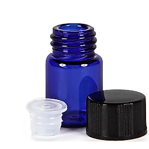 24, Cobalt Blue, 2 ml (5/8 Dram) Glass Bottles, with Orifice Reducers and Black Caps