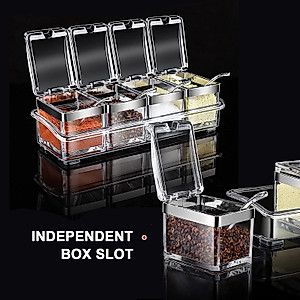 Acrylic Seasoning Box Set, 4 Piece Clear Seasoning Rack Spice Pots, Premium Quality Storage Container Condiment Jars for Spice Salt Sugar Cruet Kitchen Organization Containers with Cover and Spoon