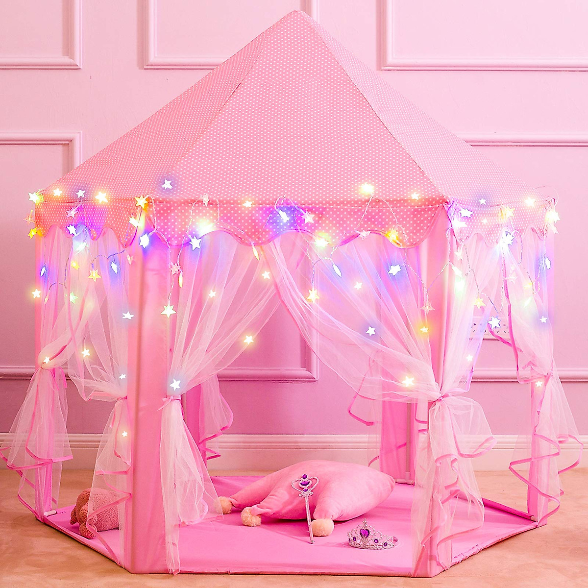 Princess Tent Girls Large Playhouse Kids Castle Play Tent with Star Lights, Bonus Princess Tiara and Wand Toy for Children Indoor & Outdoor Games, 55" x 53" Gifts Age 3+