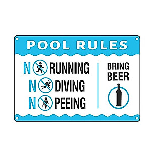 CCPARTON Pool Rules No Running No Diving No Peeing Pool Rules Metal Tin Signs Warning Signs Swimming Pool Sign Aluminum Sign Wall Decor 8x12 Inches Tin Sign for Pool Beach Garden