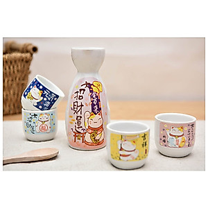 Japanese Maneki Neko Ceramic Sake Set ~ 5 Piece Sake Set (Included 1 TOKKURI Bottle 200ml and 4 OCHOKO Cups) with Cute Japanese Lucky Fortune Cat Pattern