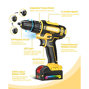 OUBA Cordless Drill Set, 12.8V Lithium Lon Power Drill Cordless with Battery and Charger, 2 Variable Speeds, 3/8" Keyless Chuck, 25+3 Torque Setting, Built-In LED, Electric Drills for Home (Yellow)
