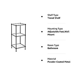 SONGMICS 3-Tier Bathroom Shelf, Wire Shelving Unit, Metal Storage Rack for Small Space, Total Load Capacity 132 lb, 11.8 x 11.8 x 28.7 Inches, with 3 PP Sheets, Adjustable Shelf, Black ULGR103B01