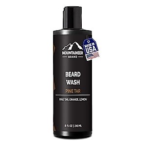 Mountaineer Brand Beard Wash For Men | 100% Natural Beard Shampoo | Thick Cleaning Softening Lather for Hair and Skin | Hydrate and Detangle | Grooming Treatment | WV Pine Tar Scent 8oz