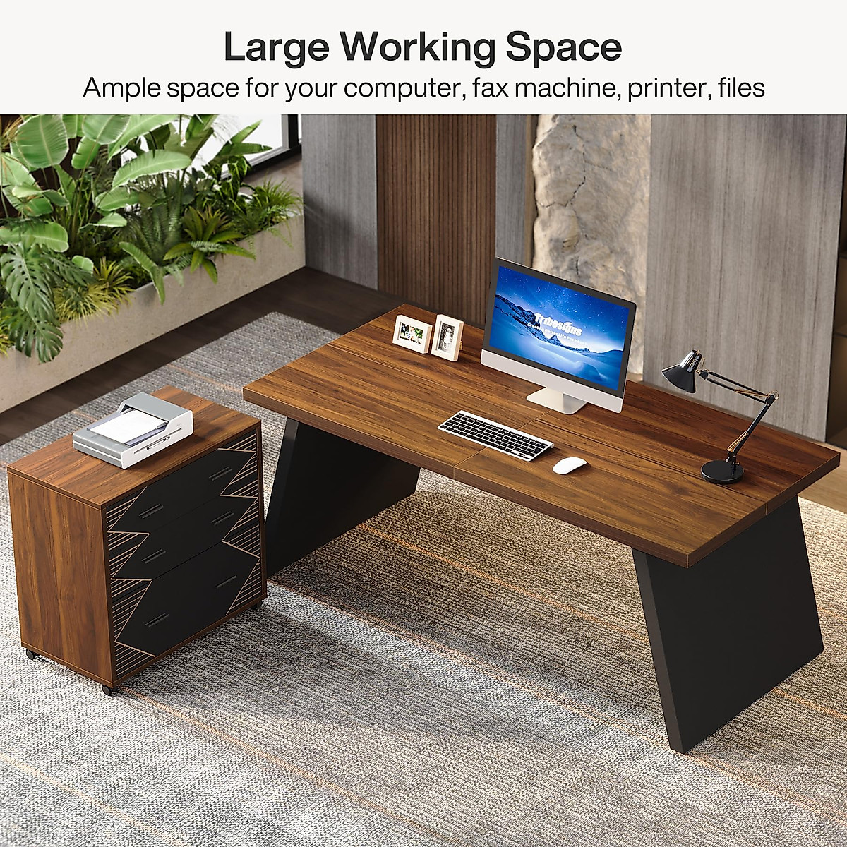 Tribesigns L-Shaped Executive Desk, 62" Large Home Office Computer Desk with 2 Storage Drawers and Letter Size File Cabinet, Workstation Business Furniture Set (Oak & Black)