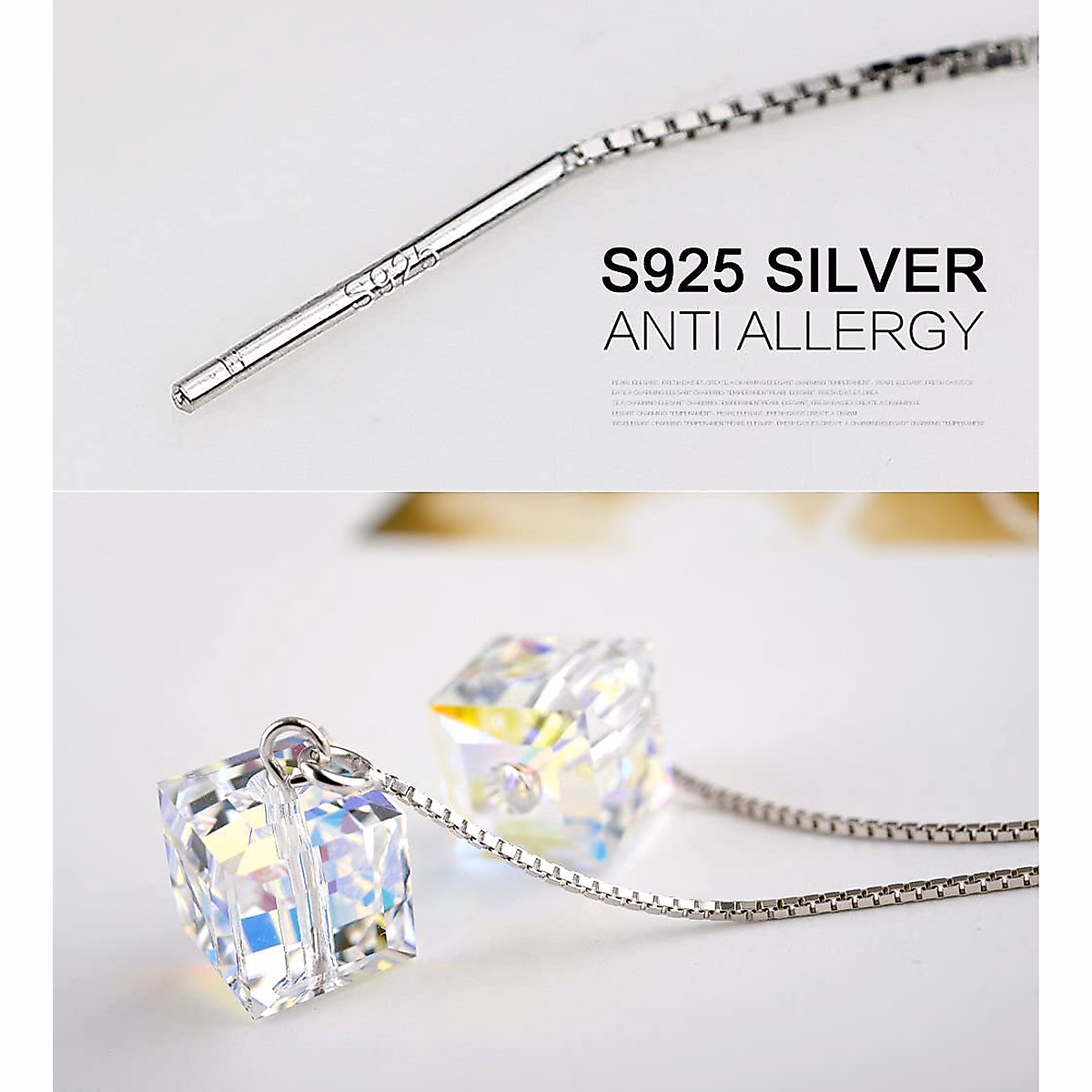 AllenCOCO 925 Sterling Silver SWAROVSKI Crystals Long Tassel Threader Dangle Drop Earrings Women Wife Cube Hypoallergenic Dangle Earrings