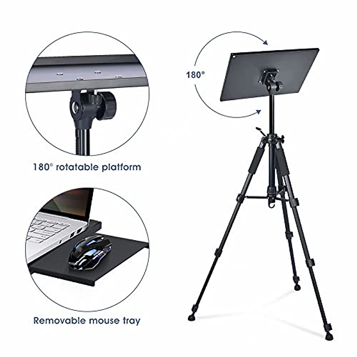 Klvied Universal Projector Tripod Stand - Laptop Tripod Stand with Removable Mouse Tray and Gooseneck Phone Holder, Laptop Floor Stand Adjustable 17.6 to 51.4 Inch, Projector Stand for Stage, Studio