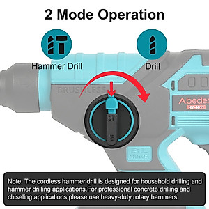 Cordless Rotary Hammer Drill Kit with 2.0Ah Lithium-Ion Battery and Charger,Brushless Motor,SDS Plus,2 Modes,3 Drill Bits,Variable Speed for Concrete Wood Brick Metal