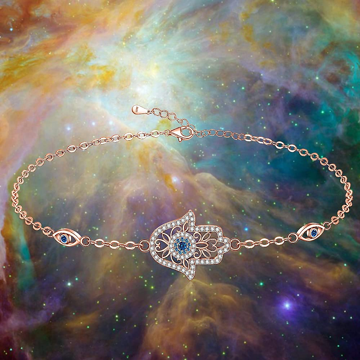 Hamsa Hand Evil Eye Bracelet for Women Rose Gold Sterling Silver Dainty Cute Crystal Round Blue Evil Eye Fatima Bracelets