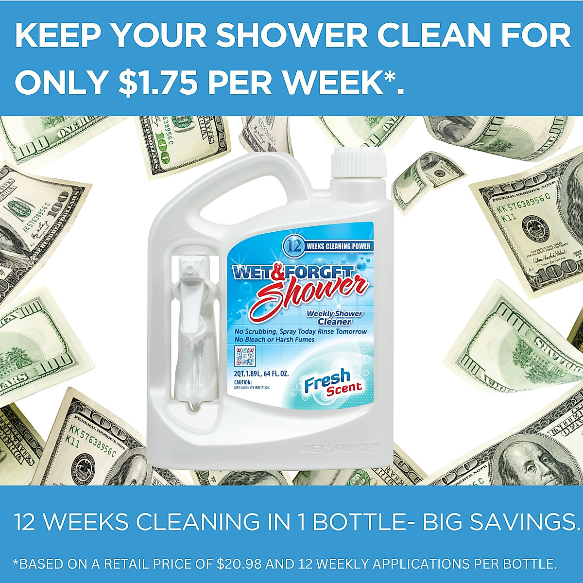 Wet & Forget Shower Cleaner Multi-Surface Weekly No Scrub, Bleach-Free Formula, Ready to Use, Fresh Scent, 64 Fluid Ounces 1 Pack