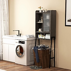 Giantex Over The Toilet Storage Cabinet, Industrial Bathroom Organizer w/Trapezoid Metal Frame, Adjustable Shelves & 2 Hooks, Freestanding Space-Saving Storage Rack for Laundry Room (Sliding Door)