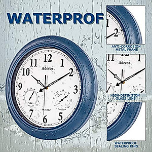 Outdoor Clocks with Thermometer and Hygrometer Combo, Waterproof Metal Wall Clock, Large Display Silent Non Ticking Battery Operated Clock for Garden/Patio/Pool/Lanai/Fence (18 Inch, Navy Blue)
