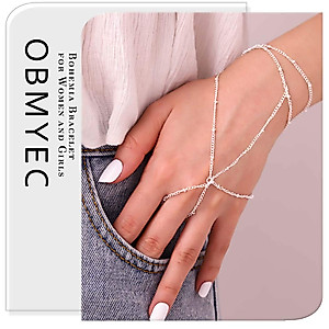 Obmyec Simple Hand Chain Layered Silver Finger Ring Chain Bracelets Dangle Beaded Slave Bracelets Daily Prom Hand Bracelets for Women