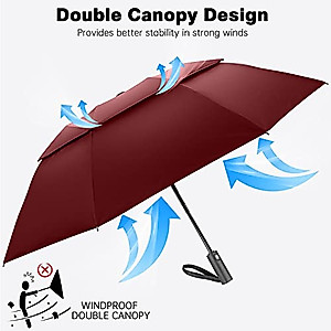 Vuteehy Windproof Umbrella, Travel Umbrella for Rain with 16 Ribs Double Canopy Vented, Waterproof Folding Umbrella with Inverted Design, Auto Open Close, Compact Rain Umbrella for Men and Women, Red
