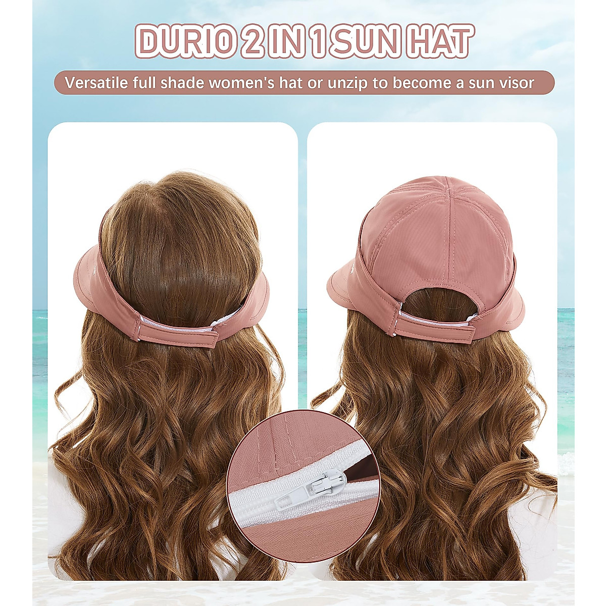 Durio Wide Brim Summer Beach Hats for Women 2024 UPF 50+ Sun Hat 2 in 1 Visors for Women Foldable Zip-Off Visor with Wind Strap Packable Womens Sun Hat Safari Fishing Gardening Beige One Size